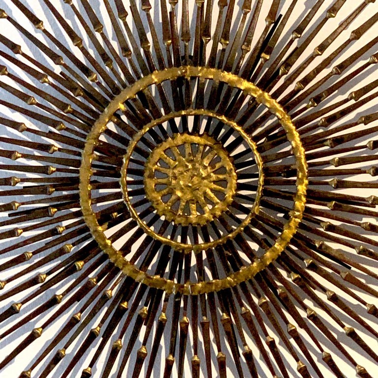 Midcentury Gilt Iron Nailhead Starburst Wall Sculpture by Ron Schmidt ...