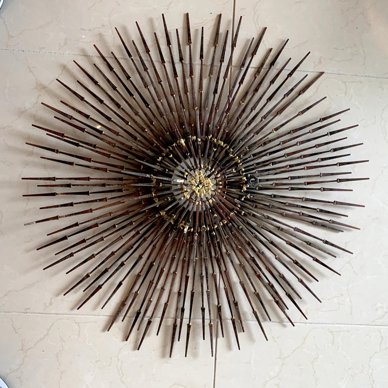 Midcentury Gilt Iron Nailhead Starburst Wall Sculpture by Ron Schmidt ...