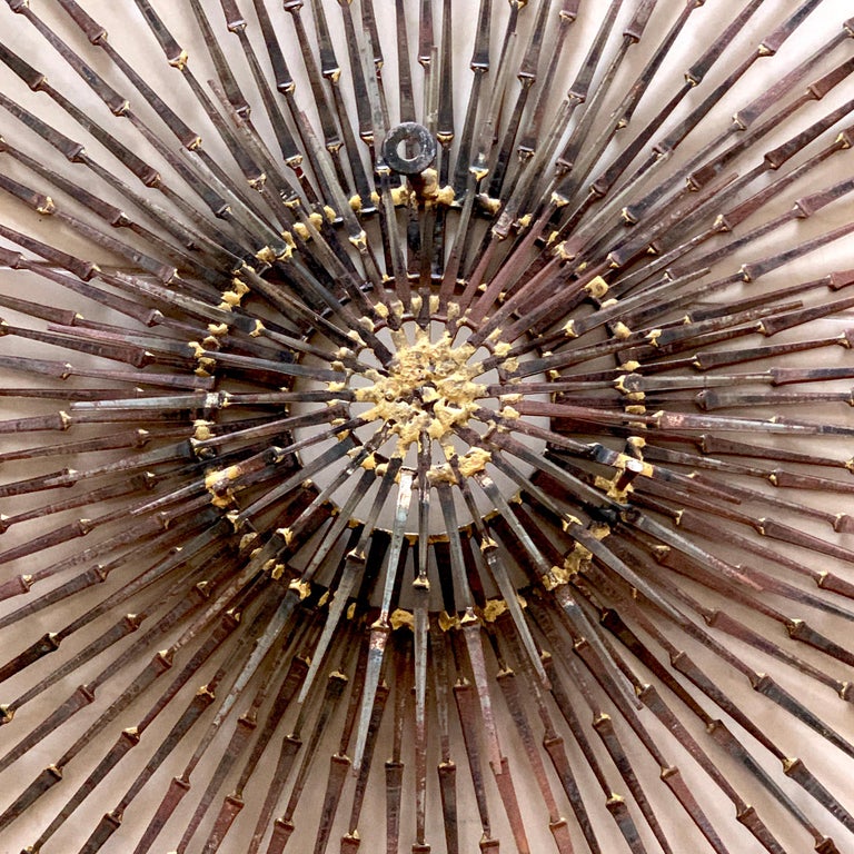 Midcentury Gilt Iron Nailhead Starburst Wall Sculpture by Ron Schmidt ...