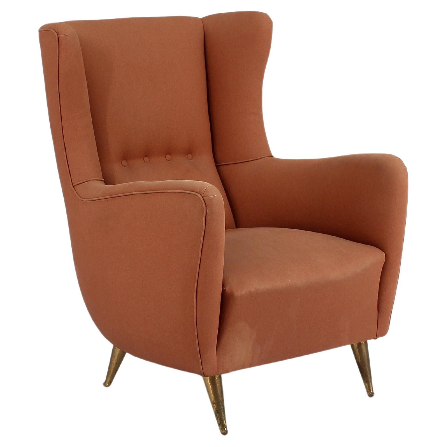 Midcentury Giò Ponti Style Hazelnut Color Fabric and Brass Armchair ...
