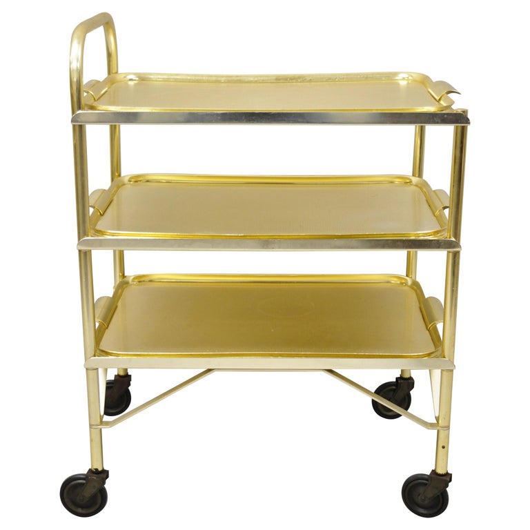 Midcentury Gold Aluminium Metal Folding Rolling Bar Cart Server with 3 ...