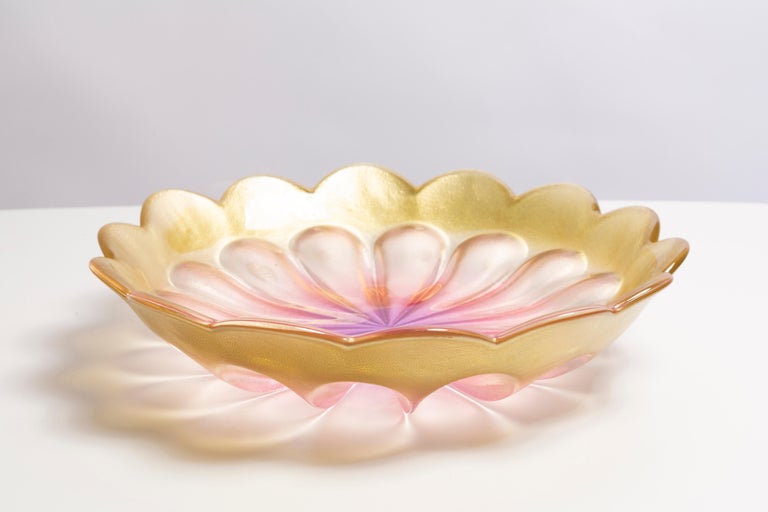 Mid-Century Golden and Pink Decorative Glass Flower Plate, Italy, 1960s ...