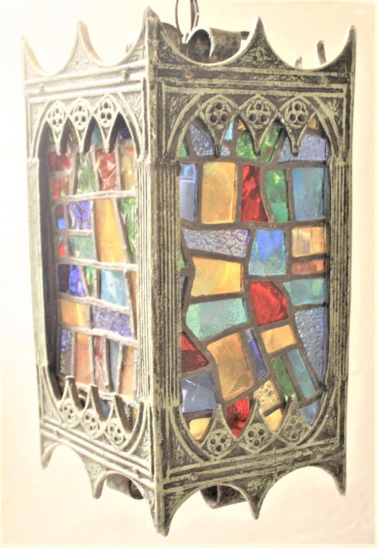 Midcentury Gothic Revival Swag or Hanging Light with Stained Glass ...