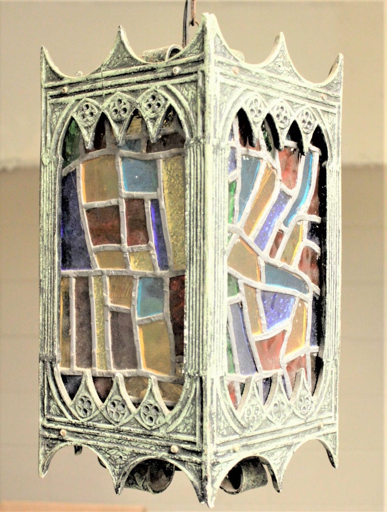 Midcentury Gothic Revival Swag or Hanging Light with Stained Glass ...