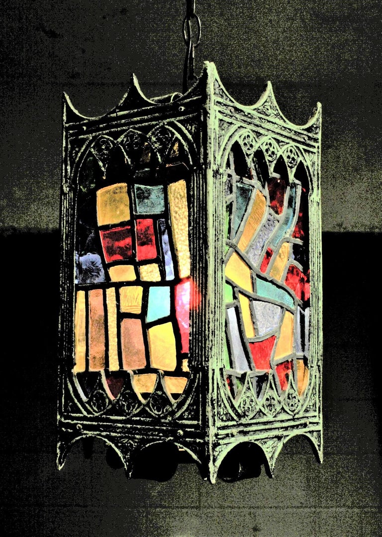 Midcentury Gothic Revival Swag or Hanging Light with Stained Glass ...