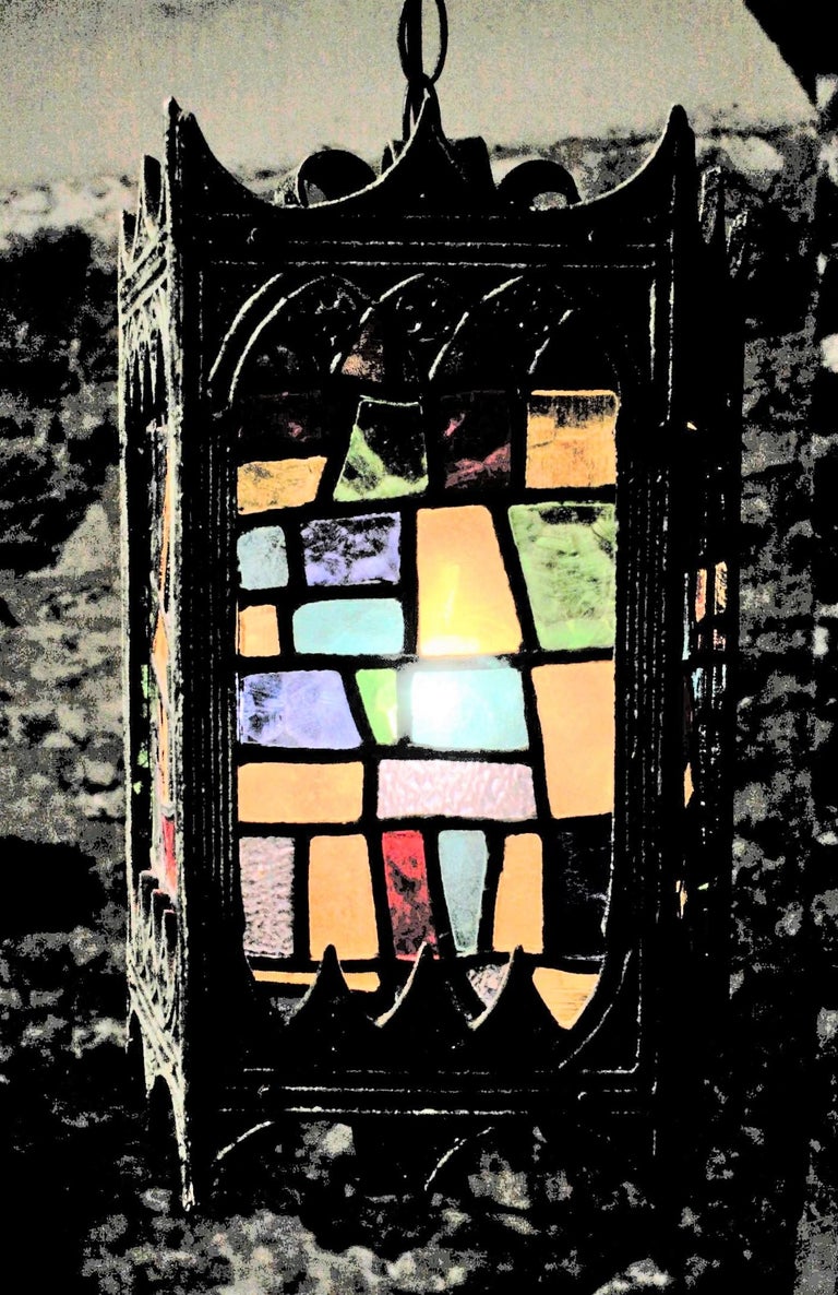 Midcentury Gothic Revival Swag or Hanging Light with Stained Glass ...