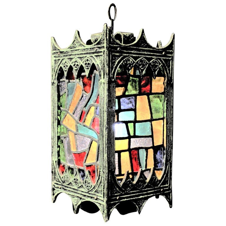 Midcentury Gothic Revival Swag or Hanging Light with Stained Glass ...