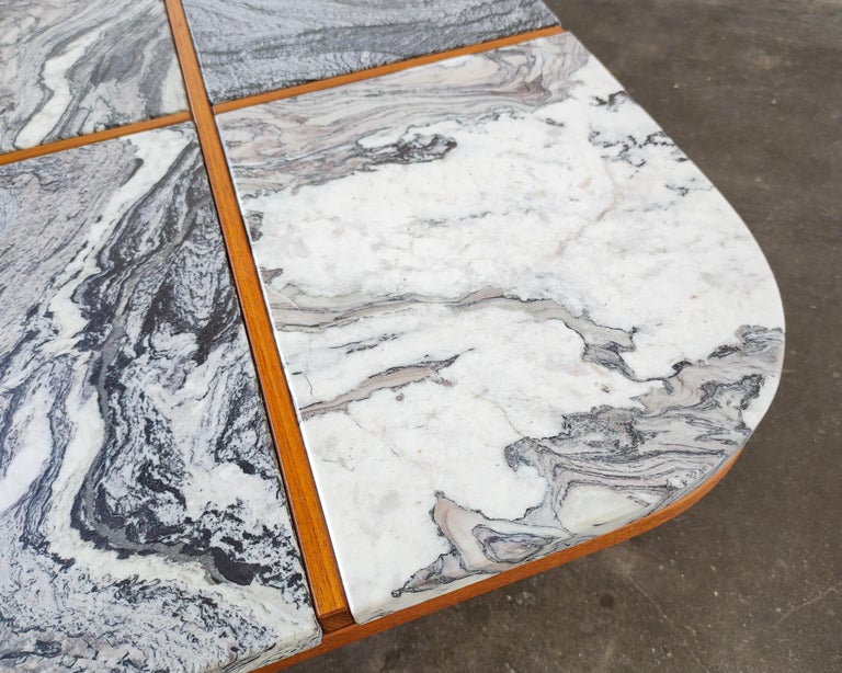 Mid-Century Granite Stormy Cloud Stone and Teak Wood Grid Coffee Table ...