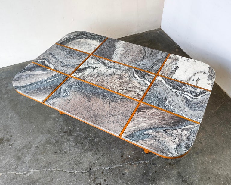 Mid-Century Granite Stormy Cloud Stone and Teak Wood Grid Coffee Table ...