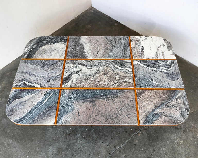 Mid-Century Granite Stormy Cloud Stone and Teak Wood Grid Coffee Table ...