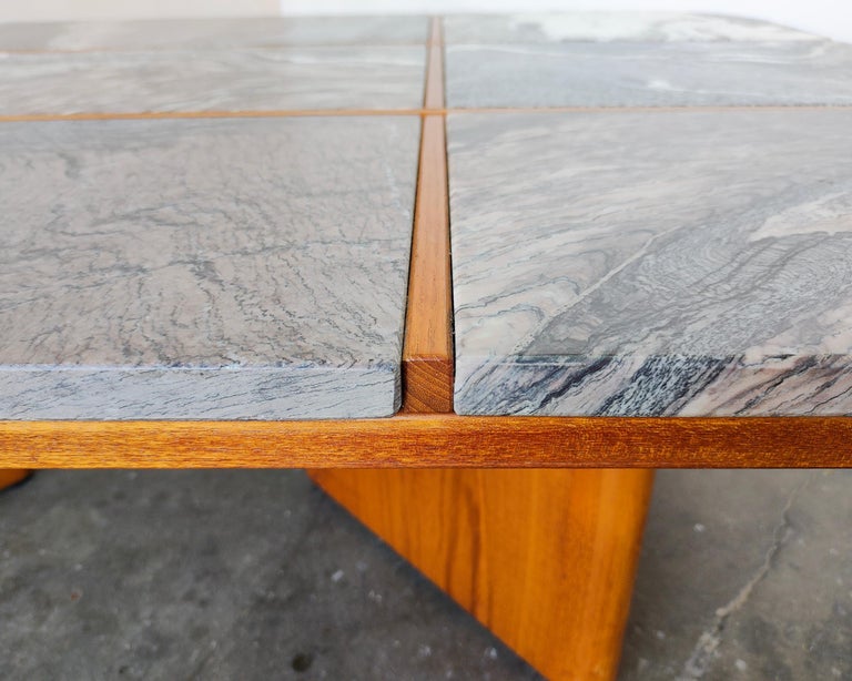 Mid-Century Granite Stormy Cloud Stone and Teak Wood Grid Coffee Table ...