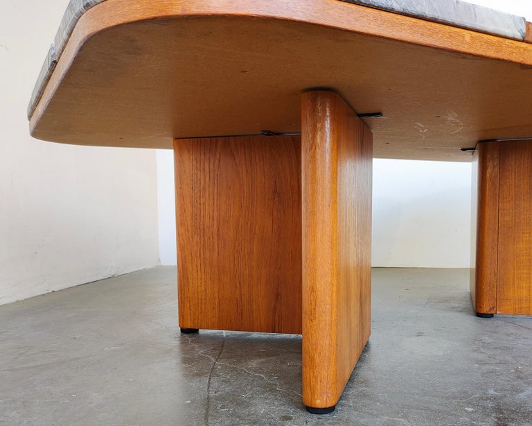 Mid-Century Granite Stormy Cloud Stone and Teak Wood Grid Coffee Table ...