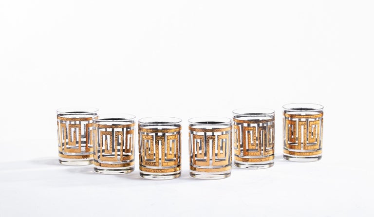 Midcentury Greek Key 22K Gold Cocktail Mixer and Set of 6 Rocks Glasses ...