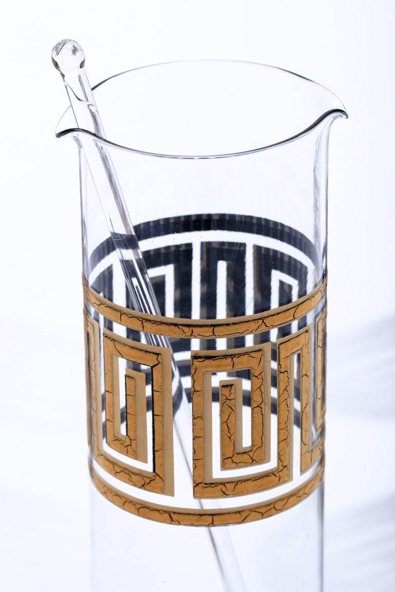Midcentury Greek Key 22K Gold Cocktail Mixer and Set of 6 Rocks Glasses ...