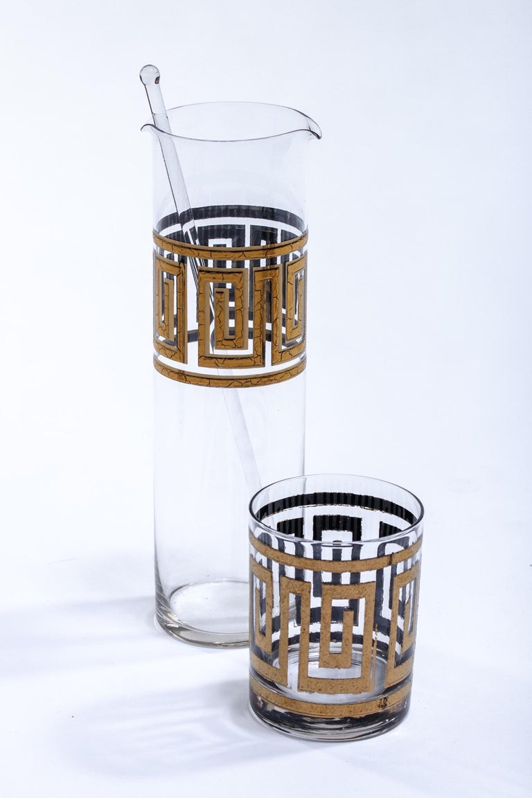 Midcentury Greek Key 22K Gold Cocktail Mixer and Set of 6 Rocks Glasses ...