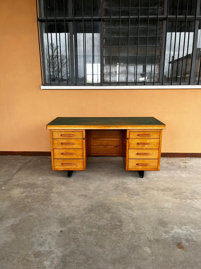 Mid Century Green Top and Eight Drawers Wooden Desk by Anonima Castelli ...