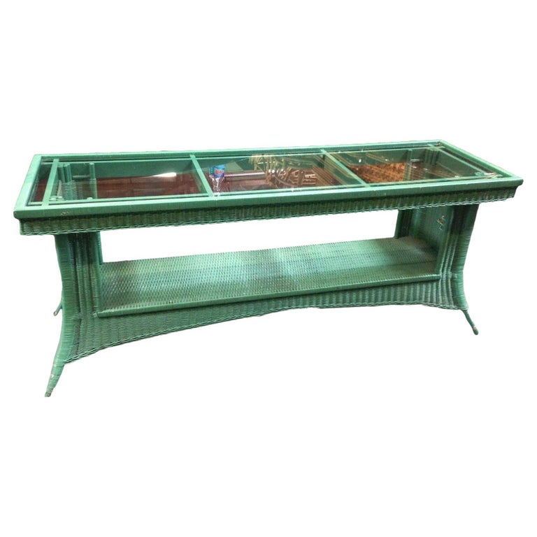 Restored Mid Century Green Woven Wicker TV Stand/Console Table w/ Glass ...