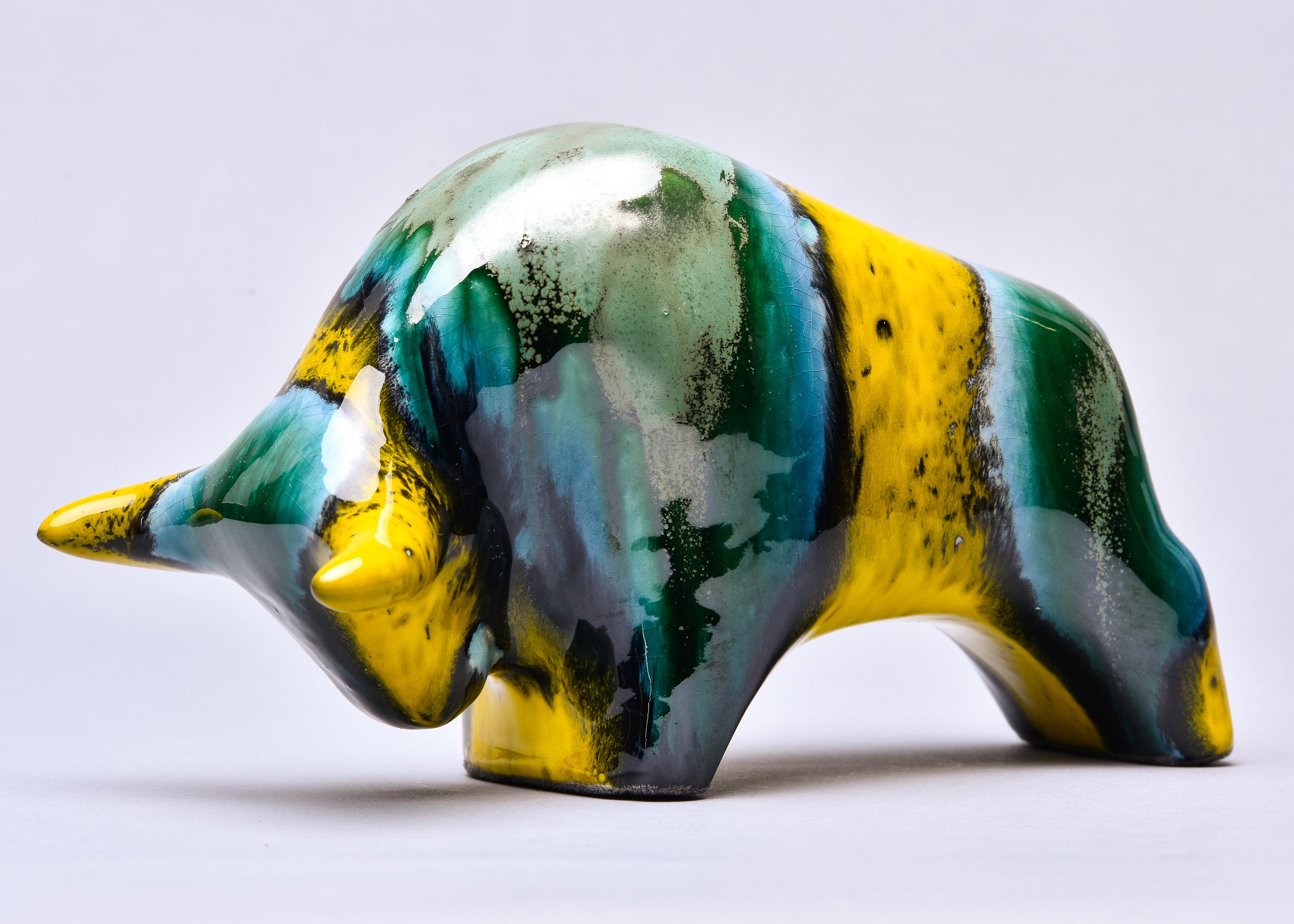 Midcentury Green Yellow and Blue Ceramic Bull For Sale at 1stDibs