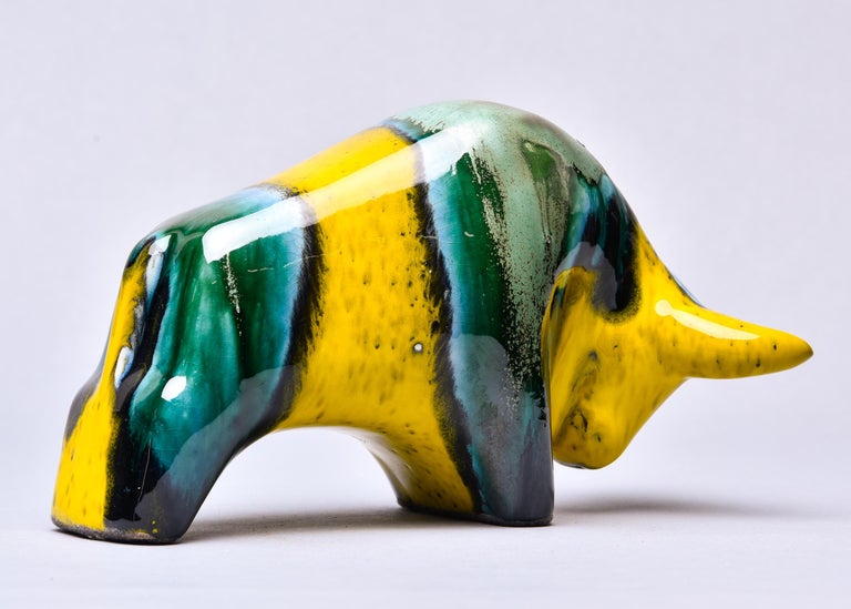 Mid Century Green Yellow and Blue Ceramic Bull For Sale at 1stDibs