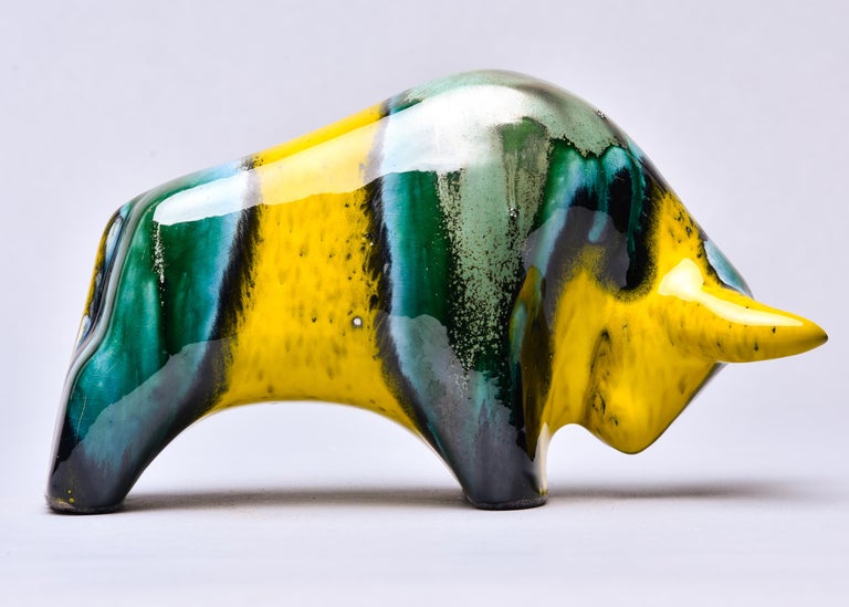 Midcentury Green Yellow and Blue Ceramic Bull For Sale at 1stDibs