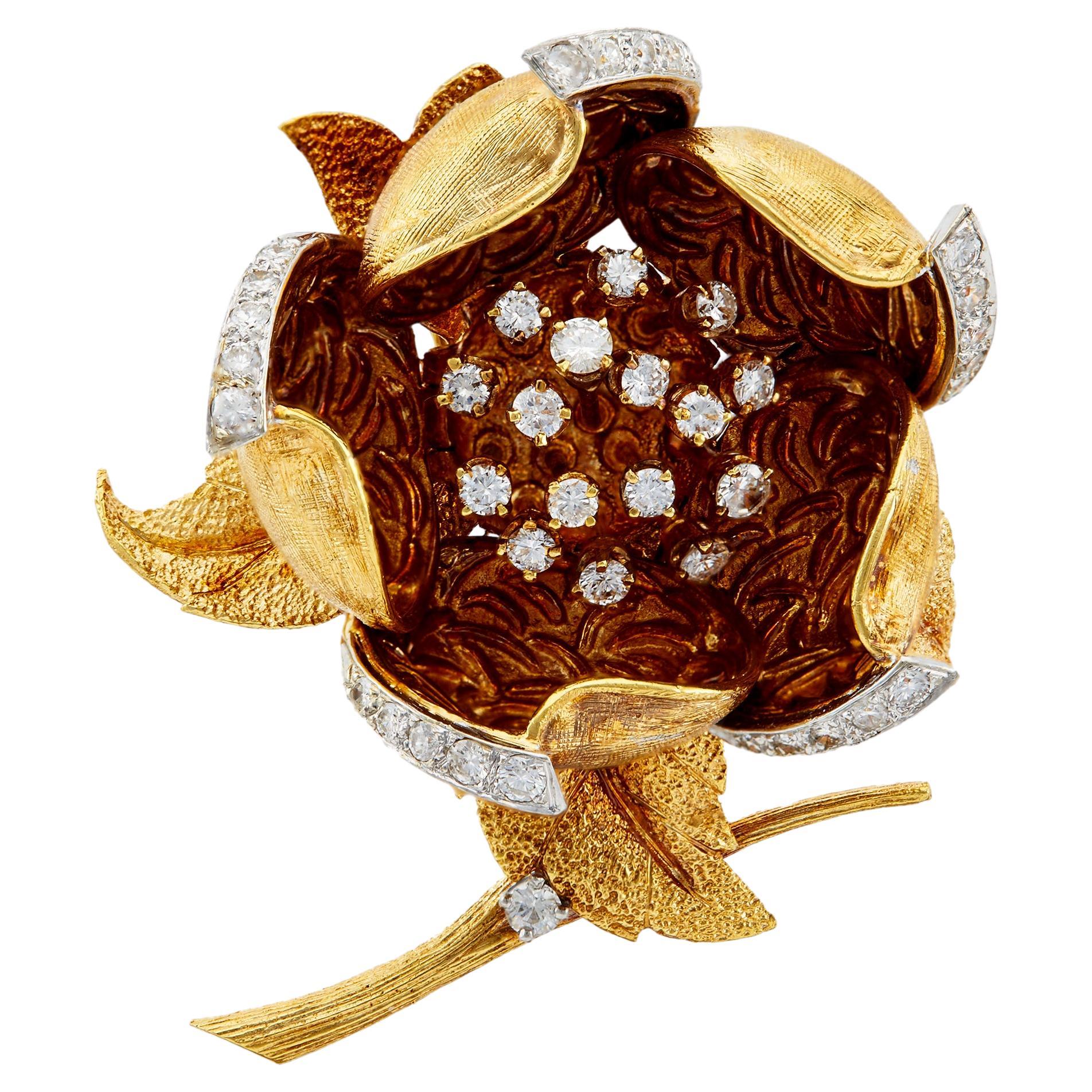 Mid Century Hammerman Brothers Diamond 18k Yellow Gold Rosebud Brooch ...