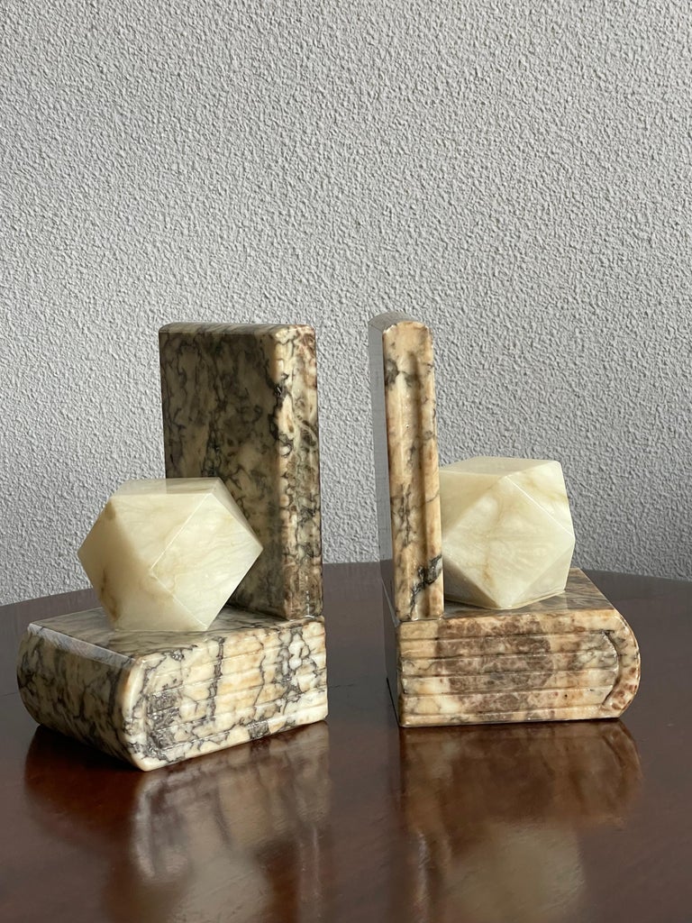 Midcentury Hand Carved Alabaster Bookends w. Science like Geometrical ...