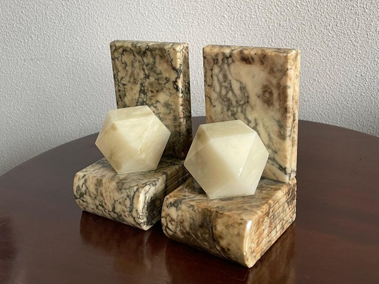 Midcentury Hand Carved Alabaster Bookends w. Science like Geometrical ...