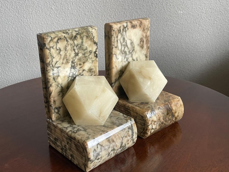 Midcentury Hand Carved Alabaster Bookends w. Science like Geometrical ...