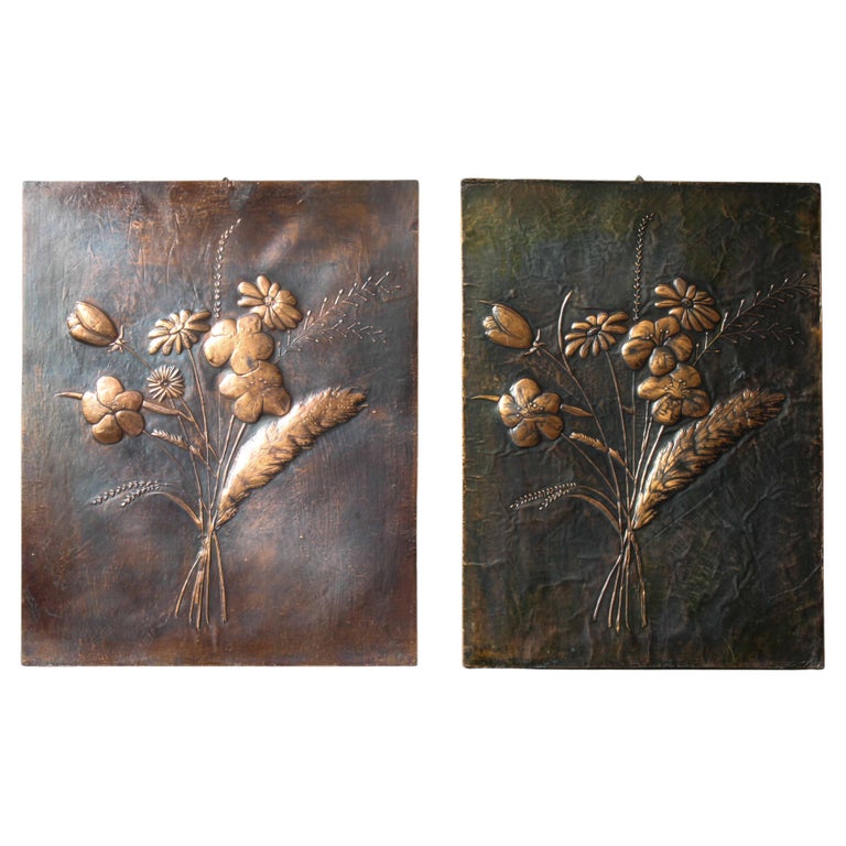 Mid Century Hand Hammered Copper Wall Panels with relief Flowers, est ...