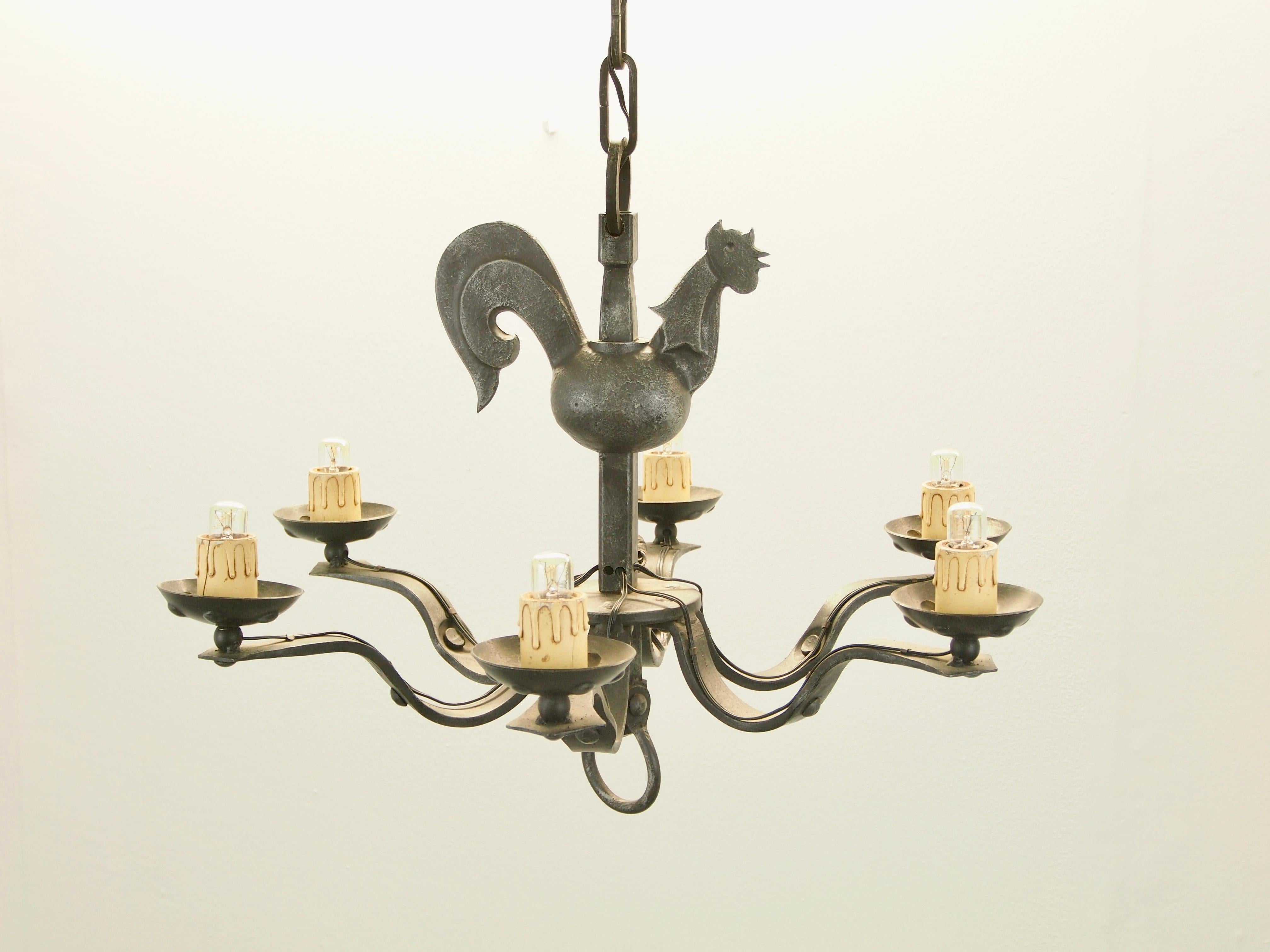 Midcentury Handwrought Iron Luster with Cock/Rooster Jean Touret Style ...