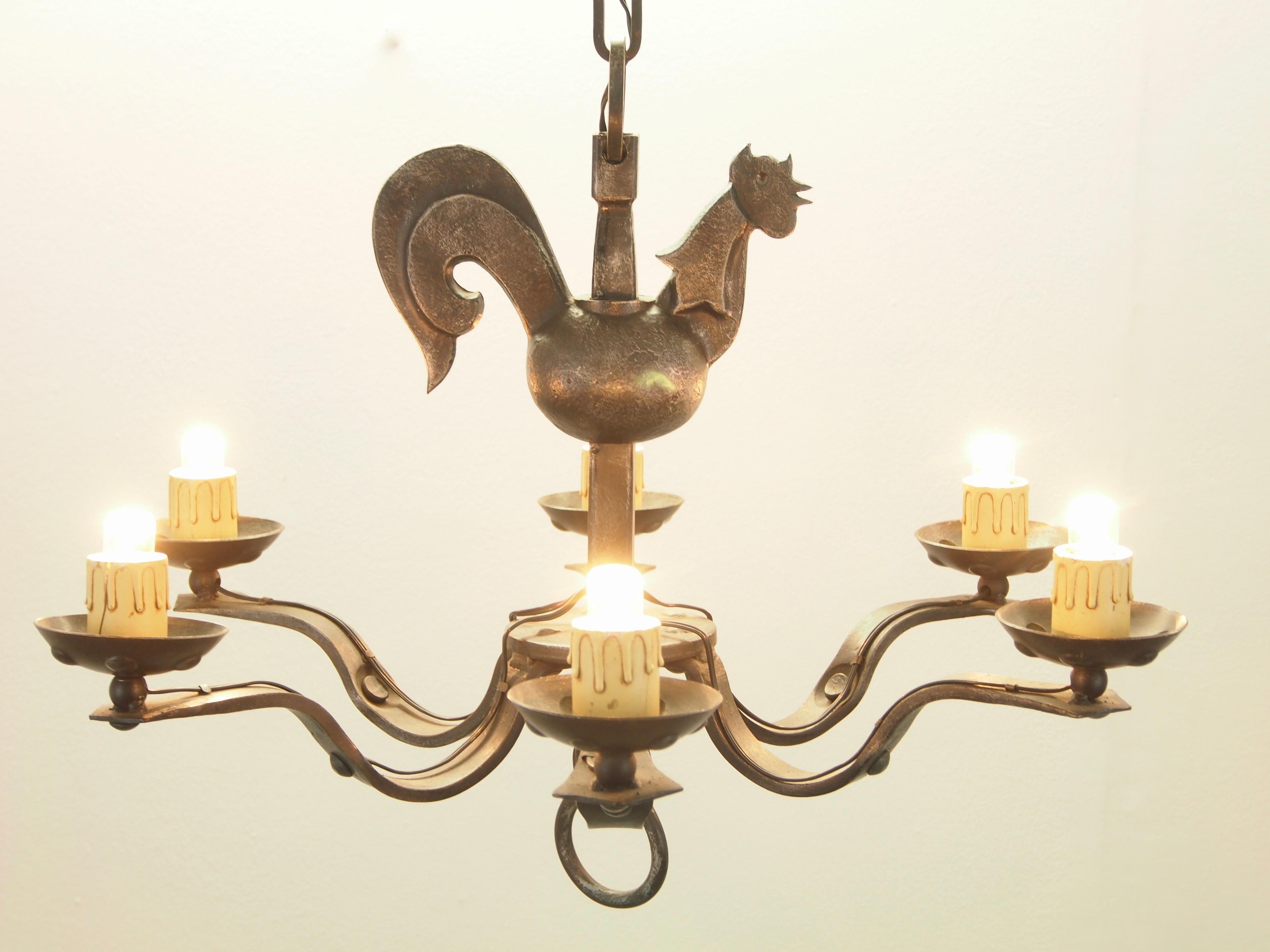 Midcentury Handwrought Iron Luster with Cock/Rooster Jean Touret Style ...
