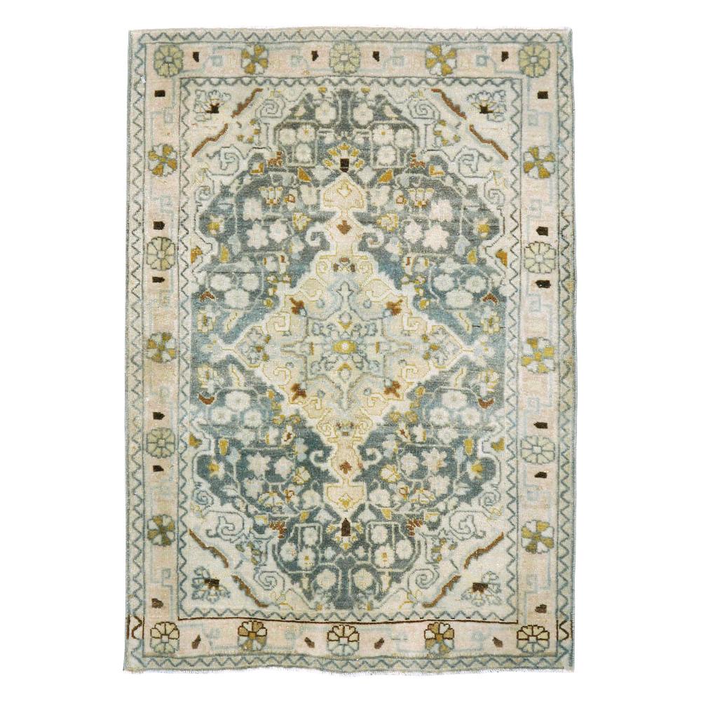 Midcentury Handmade Persian Accent Rug in Slate Blue, Beige, and Brown ...