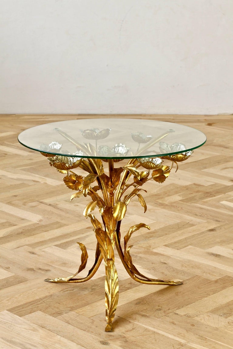 Mid-Century Hollywood Regency Gilt Metal Leaf and Flower Side Table by ...
