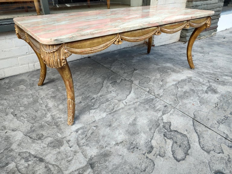 Mid Century Hollywood Regency Gilt Swag and Drape Marble Top Cocktail ...