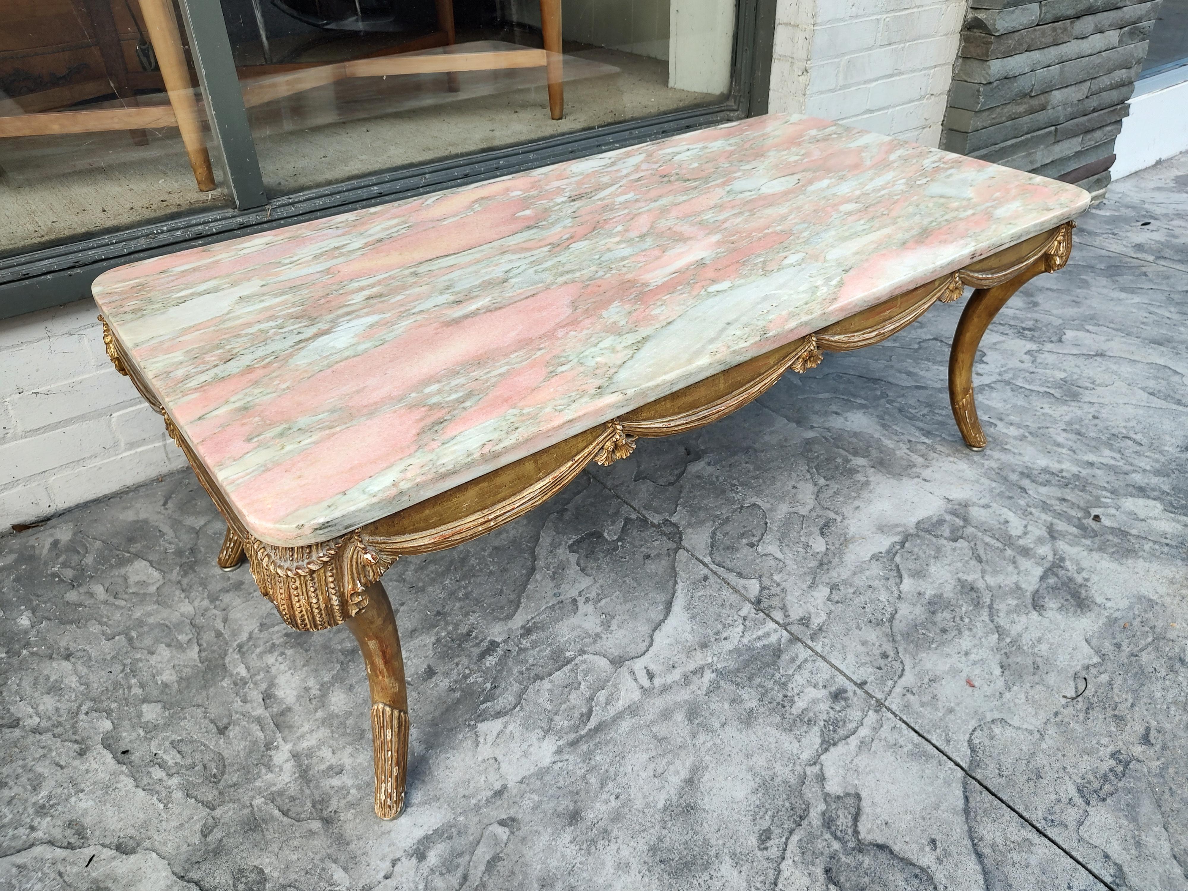 Mid Century Hollywood Regency Gilt Swag and Drape Marble Top Cocktail ...