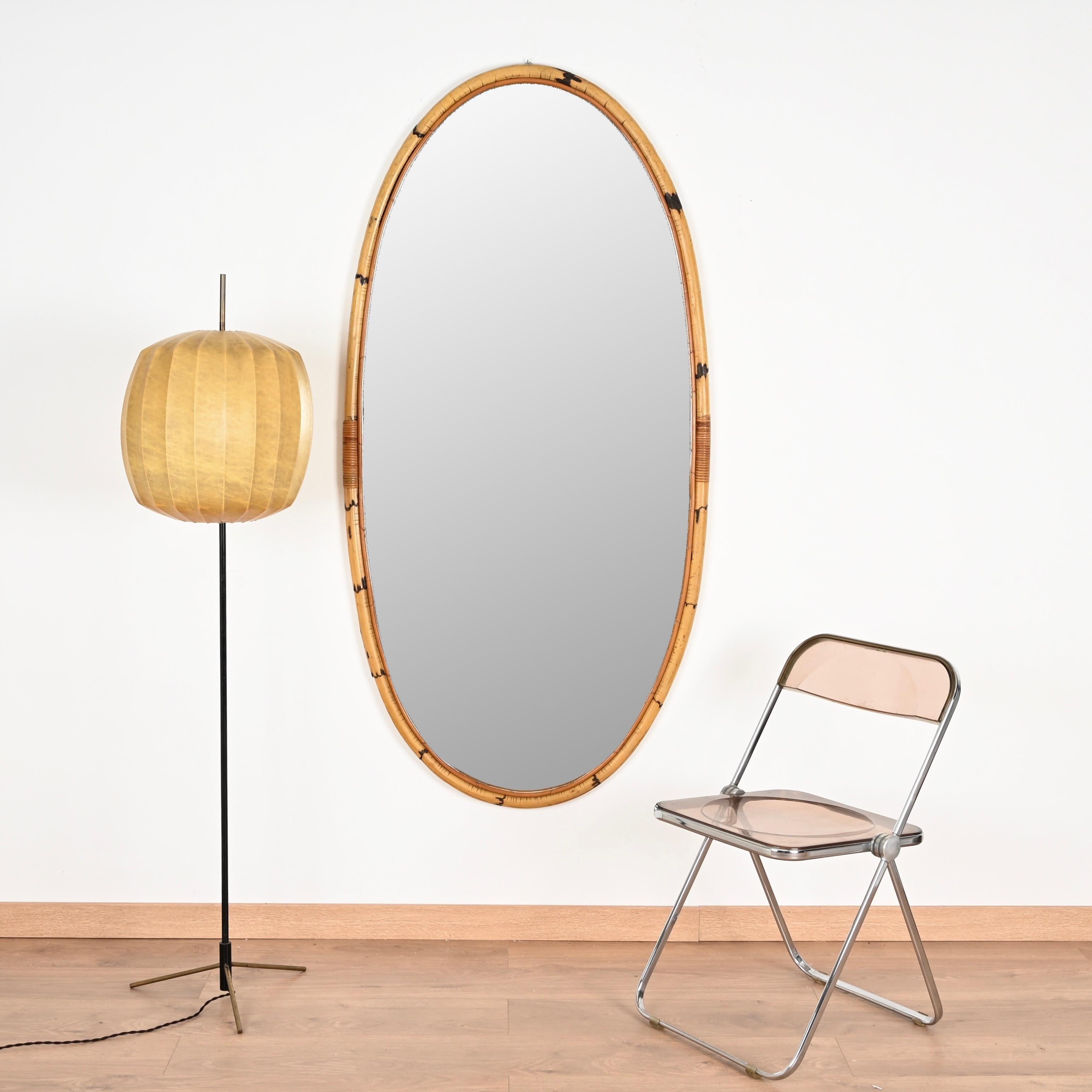 Mid-Century Huge Italian Oval Mirror in Curved Bamboo, Rattan and ...