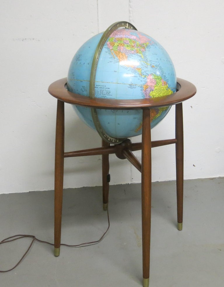 Midcentury Illuminated Floor Globe on Stand Replogle For Sale at 1stDibs