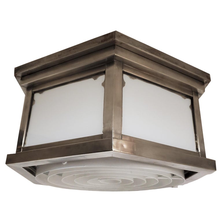 Mid Century Industrial Flush Mount in Nickeled Brass with White Glass ...