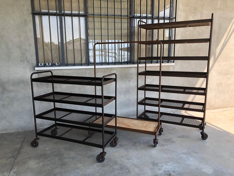 Midcentury Industrial Iron Wheeled Trolleys, 24 Piece Different Sizes ...