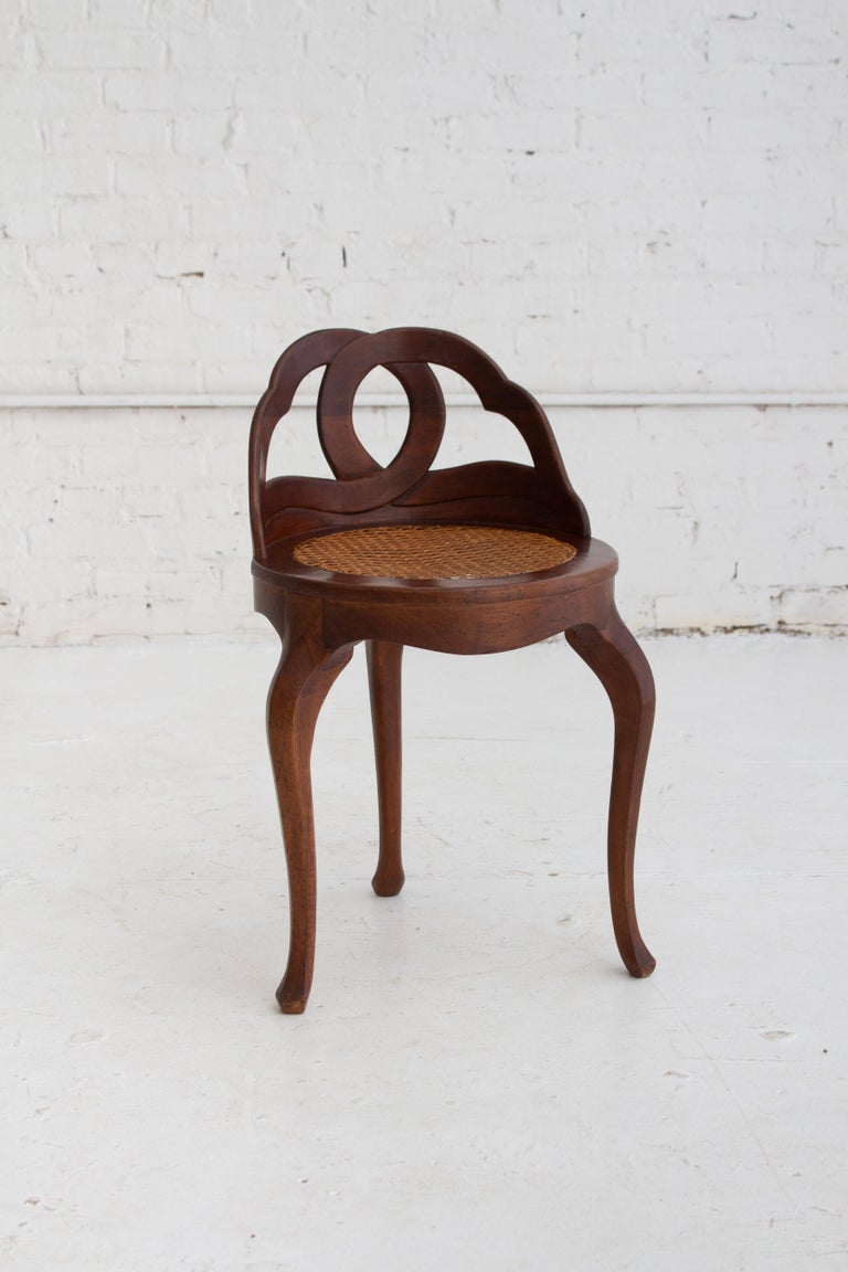 Midcentury Italian Cane and Wood Vanity Stool For Sale at 1stDibs