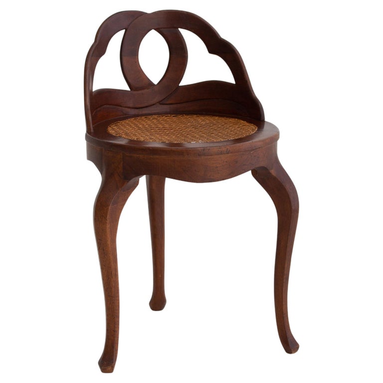 Midcentury Italian Cane and Wood Vanity Stool For Sale at 1stDibs