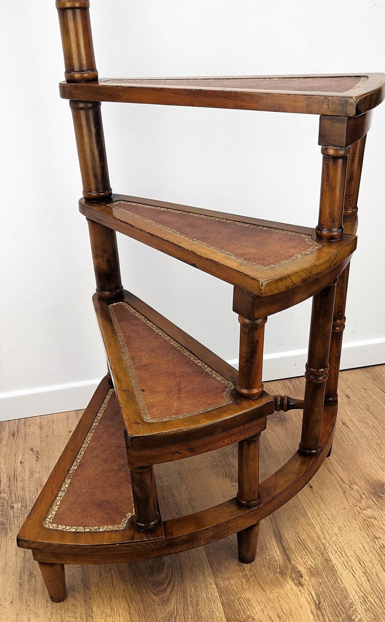 Midcentury Italian Carved Walnut Wood and Leather Spiral Step Library ...