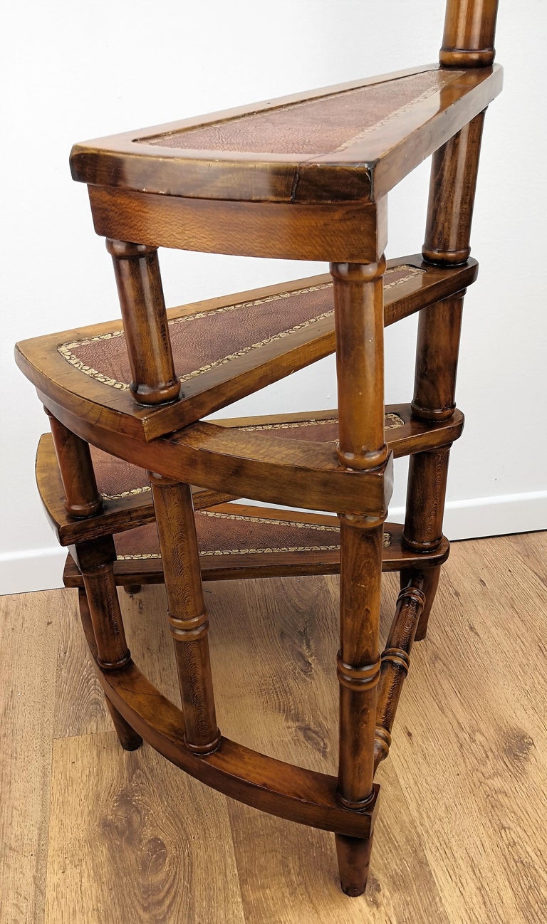 Midcentury Italian Carved Walnut Wood and Leather Spiral Step Library ...