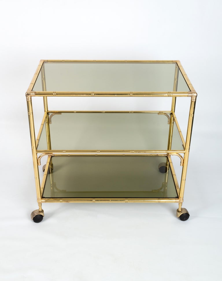 Mid-Century Italian Gold Brass Bamboo Three Tier Bar Cart Drinks ...