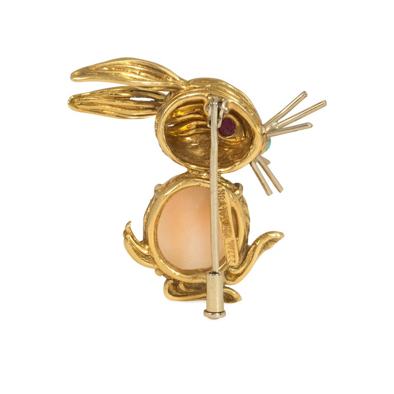 Mid-Century Italian Gold Rabbit Brooch with Coral, Ruby, and Turquoise For Sale at 1stDibs