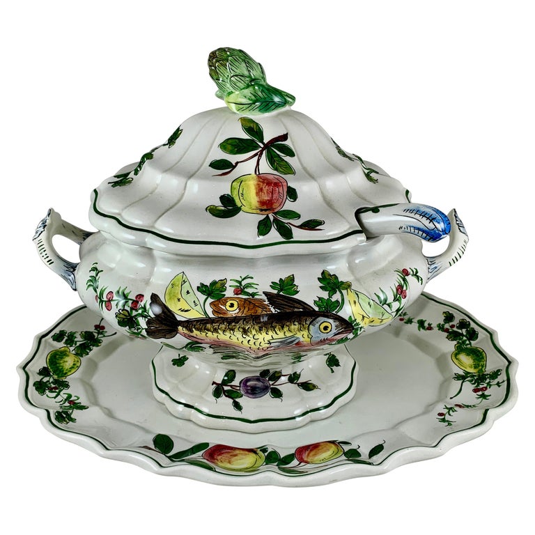 Midcentury Italian Hand Painted Fish and Fruit Tureen with Ladle and ...