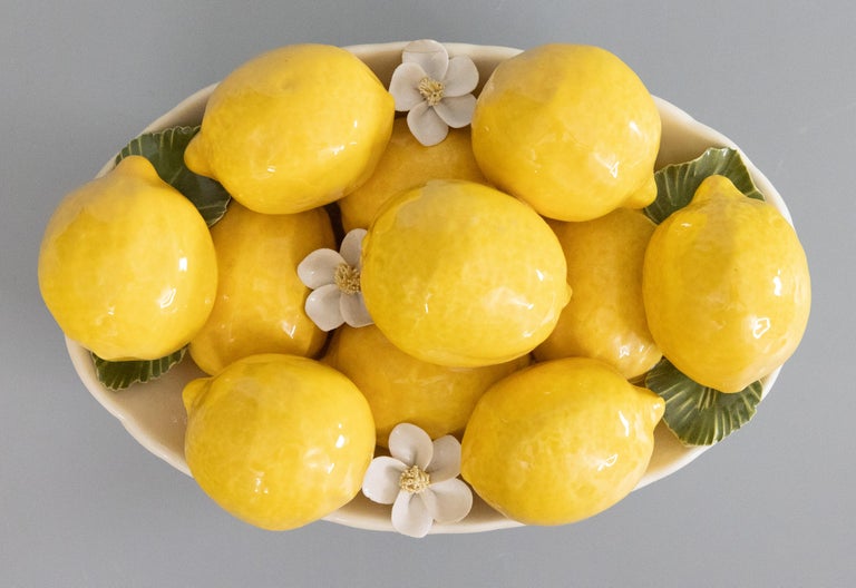 Mid Century Italian Majolica Bowl of Lemons Basket Centerpiece at 1stDibs