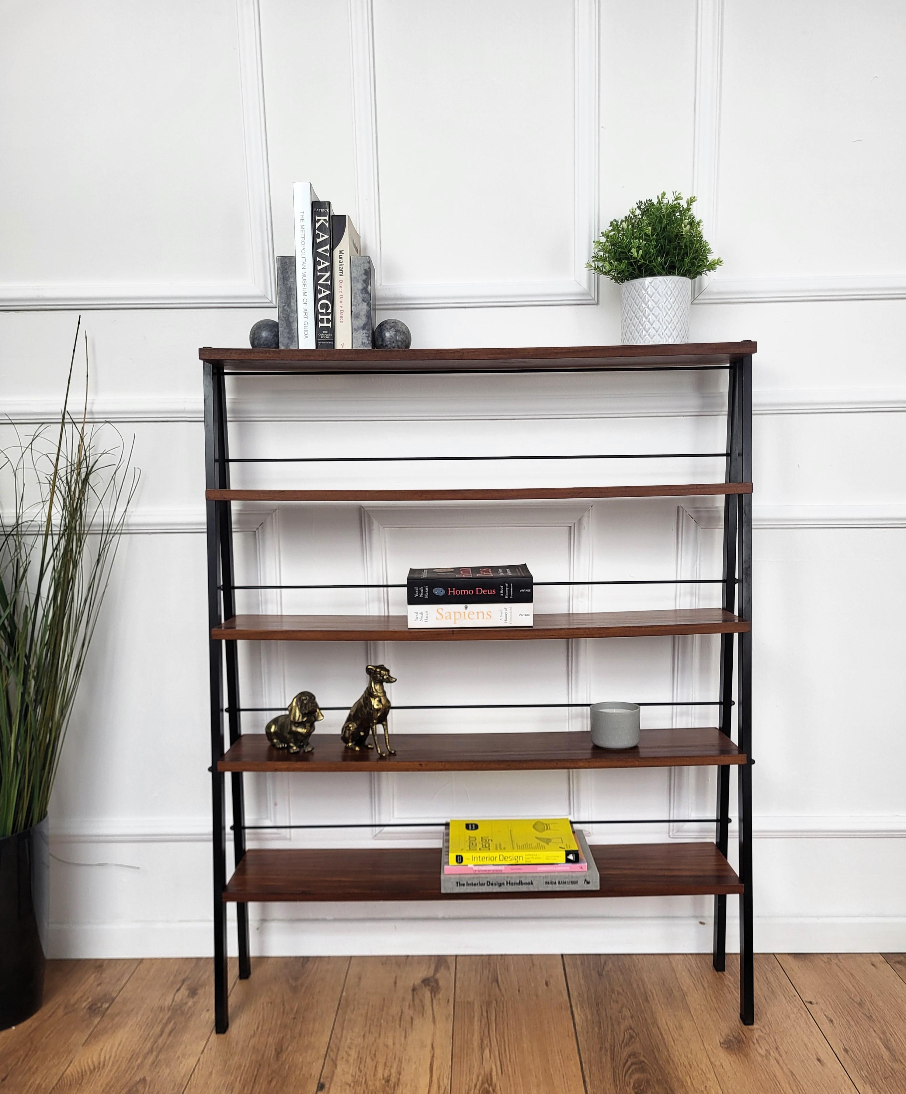 Mid-Century Italian Metal Walnut Open Book Case Slim Bookshelf Library ...