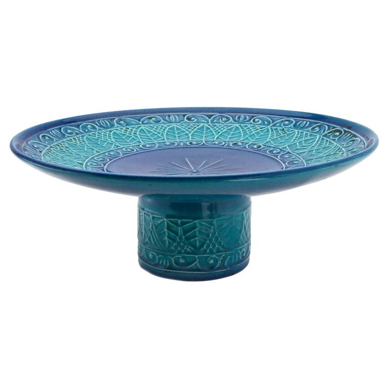 Mid-Century Italian Modern Blue Ceramic Cake Plate For Sale at 1stDibs