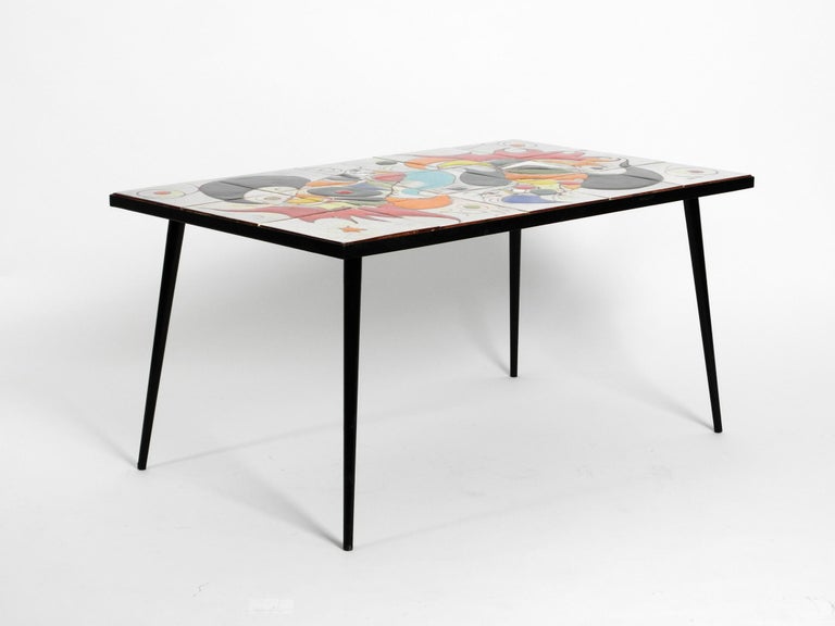 Midcentury Italian Modern Iron Table with Tiled Top and Abstract Motif ...